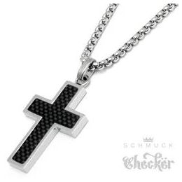 Kreuz Anh&auml;nger aus Edelstahl & Carbon silber schwarz Halskette Herren Geschenk