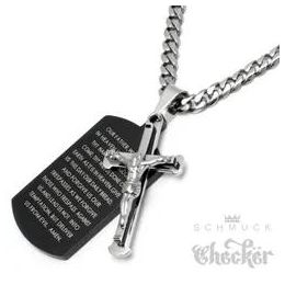 Schwarzes DogTag mit Gebet & silbernem Kreuz Jesus Edelstahl Panzerkette Halskette