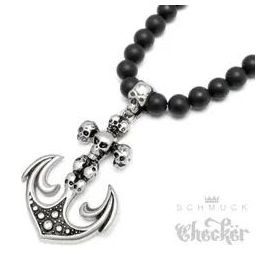 Onyx Perlen Halskette Anker Anh&auml;nger Totenk&ouml;pfe Edelstahl schwarz matt Achat Beads