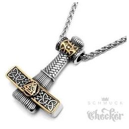 Mj&ouml;lnir mit goldenem Valknut und Zopfkette Wikingerschmuck aus Edelstahl Geschenk