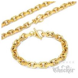 Goldenes Armband + Halskette Set aus Edelstahl massive Ankerkette Knebelverschluss
