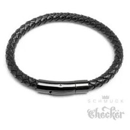 Schwarzes Lederarmband 6mm &Oslash; geflochtenes Herren-Armband 316L Edelstahl Verschluss