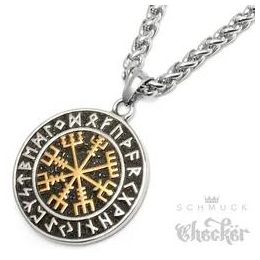 Goldener Runen-Kompass Vegvisir aus Edelstahl mit Aegishjalmur auf R&uuml;ckseite + Kette