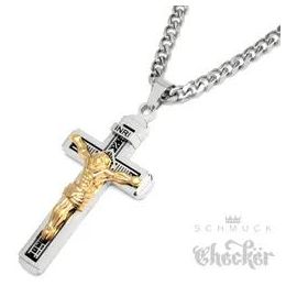 Herren Kreuz-Anh&auml;nger silber & gold aus Edelstahl Jesus Kreuz mit Kette Geschenk