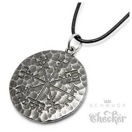 Grauer Runen-Stein mit Vegvisir Lederband Halskette Edelstahl Wikinger Amulett