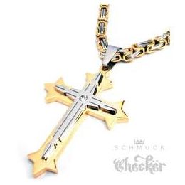 Herren Edelstahl Halskette Kreuz Anh&auml;nger silber & gold Zirkon + 60cm K&ouml;nigskette