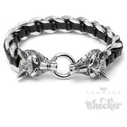Edelstahl Armband Wolf Panzerkette silber echt Leder schwarz Biker Rebels