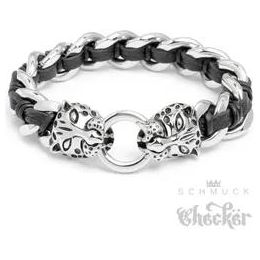 Edelstahl Armband Panther Panzerkette silber echt Leder schwarz Biker Rocker