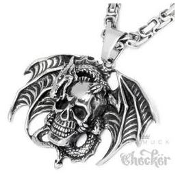 XL Drache mit Totenkopf und K&ouml;nisgkette aus 316L Edelstahl Fl&uuml;gel Skull Bikerschmuck