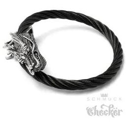 Drachen Armreif f&uuml;r Herren flexibles Stahlseil Armband silber schwarz Bikerschmuck