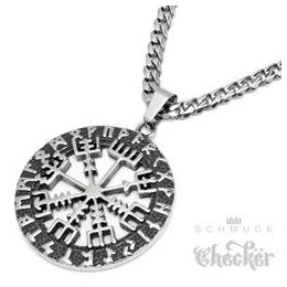Vegvisir Wikinger-Kompass Anh&auml;nger aus Edelstahl Schutz Runen Herren Schmuck Halskette