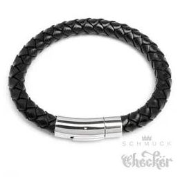 Schwarzes Lederarmband 8mm &Oslash; Herren-Armband geflochten silber Edelstahl Verschluss