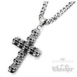 Totenkopf Kreuz aus massivem Edelstahl silber Skull Cross Anh&auml;nger mit Halskette