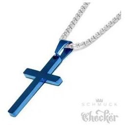 Kleines Kreuz aus Edelstahl blau schlicht Anh&auml;nger Herren Schmuck + Halskette