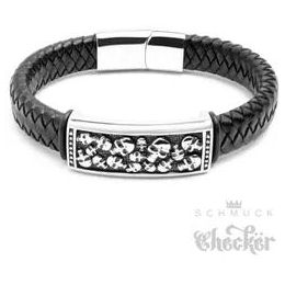 Echt Leder Herren Armband schwarz Edelstahl 16 Totenk&ouml;pfe Sch&auml;del Biker Rocker Rebels