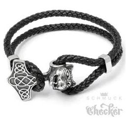 Echt Leder Herren Armband Thors Hammer Mj&ouml;lnir Wolf Edelstahl Bikerschmuck 22cm