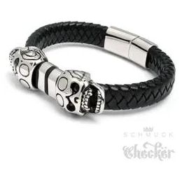 Echt Leder Biker Armband Totenkopf Sch&auml;del Skull Zombie schwarz silber Edelstahl M&auml;nner