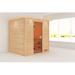 Sauna Karibu "Ricky" mit bronzierter T&uuml;r und Kranz, naturbelassen", beige (naturbelassen), ohne Ofen, ohne Steuerung, (ohne Ofen), Saunen, Sauna, aus hochwertiger nordischer Fichte. 9 kW Ofen und integr. Steuerung