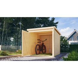 Fahrradbox Karibu "Fahrradgarage mit Einschub und Halterung f&uuml;r bis zu 3 Fahrr&auml;der", beige (naturbelassen), B:162,5cm H:167cm T:216,5cm, Holzwerkstoff, Aufbewahrungsboxen, Fahrradbox, in 2 Ausf&uuml;hrungen, BxTxH: 162,5x216x167 cm