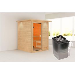 Sauna Karibu "Sandy" mit bronzierter T&uuml;r und Kranz, Ofen 9 kW, naturbelassen", naturbelassen, Saunaofen, integrierte Steuerung, 400 kW, Saunen, Sauna, aus hochwertiger nordischer Fichte und 9 kW Ofen mit integr. Steuerung