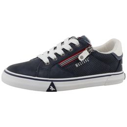 Sneaker Mustang Shoes "Inken", M&auml;dchen, Gr. 34, navy, Baumwolle, Lederimitat, Schuhe Sneaker, Freizeitschuh, Halbschuh, Schn&uuml;rschuh mit Logoschriftz&uuml;gen