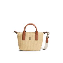 Tragetasche Tommy Hilfiger "POPETTE MICRO TOTE RAFFIA", Damen, Gr. B/H/T: 14cm x 16cm x 8cm, natur, sand, Lederimitat, Textil, Flechtoptik, Taschen Tragetasche, Damen Schultertasche, MiniBag, CrossBody in Flecht-Optik