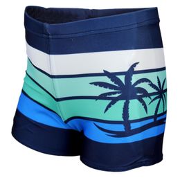 Badehose AQUARTI "Badehose Jungen Badehose Gestreift mit Motiven", Jungen, Gr. 146, N-Gr, blau (dunkelblau, gr&uuml;n, palmen), Obermaterial: 80% Polyester PES. 20% Elasthan EL., Badehosen Badehose