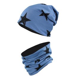 Beanie TUPTAM "M&uuml;tze Unisex Kinder Beanie M&uuml;tze Schlauchschal Set", Jungen, Gr. 54, blau (sterne schwarz, jeans), Obermaterial: 95% Baumwolle CO. 5% Elasthan EL., M&uuml;tzen Beanie
