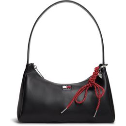 Schultertasche Tommy Jeans "TJW CITY CHARM SHOULDER BAG", Damen, Gr. B/H/T: 26cm x 16,5cm x 8cm, schwarz, Lederimitat, Taschen Schultertasche, Damen Schultertasche, Henkeltasche mit farbigem Schmuckelement