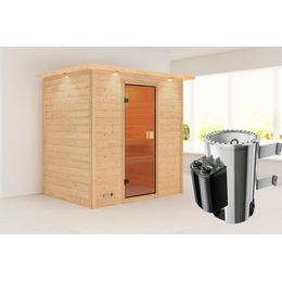 Sauna Karibu "Sunie" mit bronzierter T&uuml;r und Kranz, naturbelassen", beige (naturbelassen), Saunaofen, integrierte Steuerung, 230 kW, Saunen, Sauna, aus hochwertiger nordischer Fichte