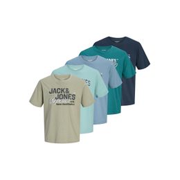 Jack & Jones Rundhalsshirt JACK & JONES "JJELOGO TEE SS O-NECK 2 COL SS26 5PK MP", Herren, Gr. M, vetiver pack:vetiver, blau mirage, mineral blau, atlantic deep, navy blazer, Jersey, Obermaterial: 100% Baumwolle, bedruckt, unifarben, Basic normal, Rundhals, Shirts Rundhalsshirt