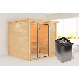 Sauna Karibu "Jackie" mit bronzierter T&uuml;r und Kranz, naturbelassen", beige (naturbelassen), Saunaofen, integrierte Steuerung, 400 kW, Saunen, Sauna, aus hochwertiger nordischer Fichte