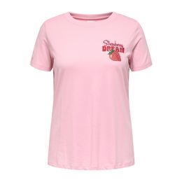 T-Shirt Only CARMAKOMA "CARADDISON LIFE S/S O-NECK REG TEE JRS", Damen, Gr. L, romance rose print:strawberry dream, Jersey, Obermaterial: 100% Baumwolle, bedruckt, regular fit normal, Rundhals, Shirts T-Shirt