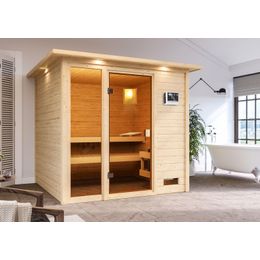 Sauna Karibu "Jackie" mit bronzierter T&uuml;r und Kranz, naturbelassen", naturbelassen, Bio-Kombiofen, externe Steuerung, 400 kW, Saunen, Sauna, aus hochwertiger nordischer Fichte
