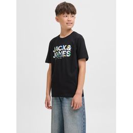 Jack & Jones Rundhalsshirt JACK & JONES JUNIOR "JJGEPLAS TEE SS CREW NECK JNR", Jungen, Gr. 128, schwarz, Single Jersey, Obermaterial: 100% Baumwolle, bedruckt, regular fit normal, Rundhals, Shirts Rundhalsshirt, Baumwolle, regular fit