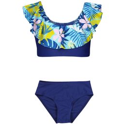 Bustier-Bikini AQUARTI "Badeanzug M&auml;dchen Bikini Set Zweiteilig Bikinislip Bustier", Kinder, Gr. 122, N-Gr, blau (037 r&uuml;sche bikini gr&uuml;n gelb bl&auml;tter blau), Obermaterial: 80% Polyamid PA. 20% Elasthan EL., Bikini-Sets Bustier-Bikini