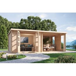 Gartenhaus Karibu "Remus" inkl Anbaudach 3m, R&uuml;ck- und Seitenwand, mit 2 Fenstern", beige (naturbelassen), ohne Fu&szlig;boden, R&uuml;ckwand Seitenwand, ohne Dacheindeckung, Massivholz, Gartenh&auml;user, Gartenhaus, Gartenhaus aus hochwertiger nordischer Fichte