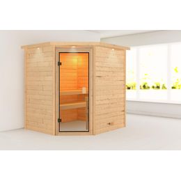Sauna Karibu "Trixi" mit bronzierter T&uuml;r und Kranz, naturbelassen", beige (naturbelassen), ohne Ofen, ohne Steuerung, (ohne Ofen), Saunen, Sauna, aus hochwertiger nordischer Fichte