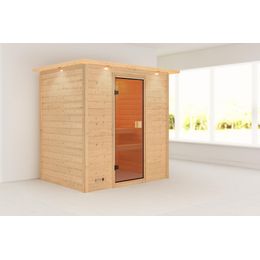 Sauna Karibu "Sunie" mit bronzierter T&uuml;r und Kranz, naturbelassen", naturbelassen, ohne Ofen, ohne Steuerung, (ohne Ofen), Saunen, Sauna, aus hochwertiger nordischer Fichte