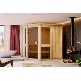 Sauna Karibu "Agneta 2" mit Kranz, naturbelassen", beige (naturbelassen), ohne Ofen, ohne Steuerung, (ohne Ofen), Saunen, Sauna, aus hochwertiger nordischer Fichte