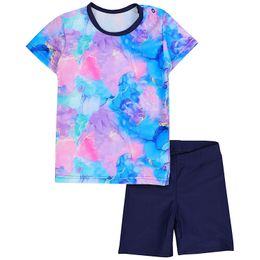 Badeanzug AQUARTI "Badeanzug Baby M&auml;dchen Zweiteiler Badeanzug Bade-Set Bade T-Shirt Badehose", Kinder, Gr. 80, N-Gr, blau (tie dye blau lila rosa), Obermaterial: 80% Polyester PES. 20% Elasthan EL., Badeanz&uuml;ge Badeanzug