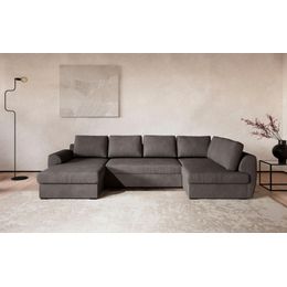 Wohnlandschaft COTTA "Drift U-Form Recamiere, Breite 327 cm", stone, B:327cm H:86cm T:154cm, 96% POLYESTER (PES) 4% POLYAMID(PA), Sofas, Wohnlandschaft, optional auch mit Schlaffunktion, Wellenunterfederung