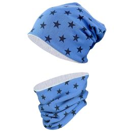 Beanie TUPTAM "M&uuml;tze Unisex Kinder Beanie M&uuml;tze Schlauchschal Set", Jungen, Gr. 56, blau (graue sterne, jeans), Obermaterial: 95% Baumwolle CO. 5% Elasthan EL., M&uuml;tzen Beanie