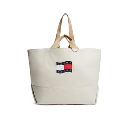 Tragetasche Tommy Jeans "TJW WAVE FLAG MED TOTE", Damen, Gr. B/H/T: 61cm x 39cm x 27cm, beige, Baumwolle, Taschen Tragetasche, Unisex Tragetasche, Umh&auml;ngetasche, Shopper, Henkeltasche im Used-Look