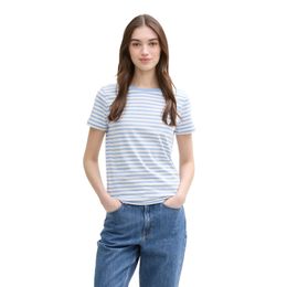 T-Shirt Tom Tailor Denim, Damen, Gr. L (40), blau (wei&szlig; light blau stripe), Jersey, Obermaterial: 100% Baumwolle, gestreift, normal normal, Rundhals, Shirts T-Shirt, geringelt