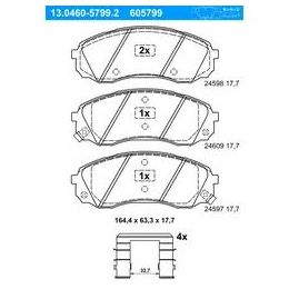 ATE Bremsbelagsatz, Scheibenbremse 13.0460-5799.2 vorne rechts links mit Zubeh&ouml;r f&uuml;r HYUNDAI KIA 58101-4DE00 58101-4HA01 58101-4HA00
