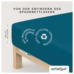 Spannbettlaken Schlafgut "PREMIUM Mako-Zwirn-Jersey, 220 g/m2, 95% Bio-Baumwolle, 5% Elasthan", blau (petrol deep), 1 Stk., Mako-Zwirn-Jersey, 120-130x200-220 30cm, Mako-Zwirn-Jersey, Obermaterial: 95% Baumwolle, 5% Elasthan, Bettlaken, Spannbettlaken, Bettlaken bis 30 cm H&ouml;he, PREMIUM-Qualit&auml;t langlebig, perfekter Sitz