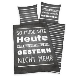 Jugendbettw&auml;sche "M&uuml;de", grau (anthrazit), B/L: 135cm x 200cm, 1 Stk., 1 Stk., Renforc&eacute;, B/L: 80cm x 80cm, 2 Stk., Renforc&eacute;, Obermaterial: 100% Baumwolle, Herding YOUNG COLLECTION, Bettw&auml;sche, mit Spruch