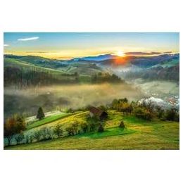 Fototapete papermoon "PANORAMA-LANDSCHAFT DORF WIESE NEBEL GEBIRGE SONNE WALD", bunt, B:2,5m L:1,86m, Vlies, Tapeten
