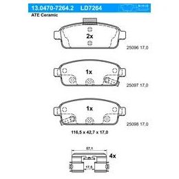 ATE Bremsbelagsatz, Scheibenbremse Ceramic 13.0470-7264.2 hinten rechts links mit Zubeh&ouml;r f&uuml;r VAUXHALL OPEL CHEVROLET 13411383 542040 95516192